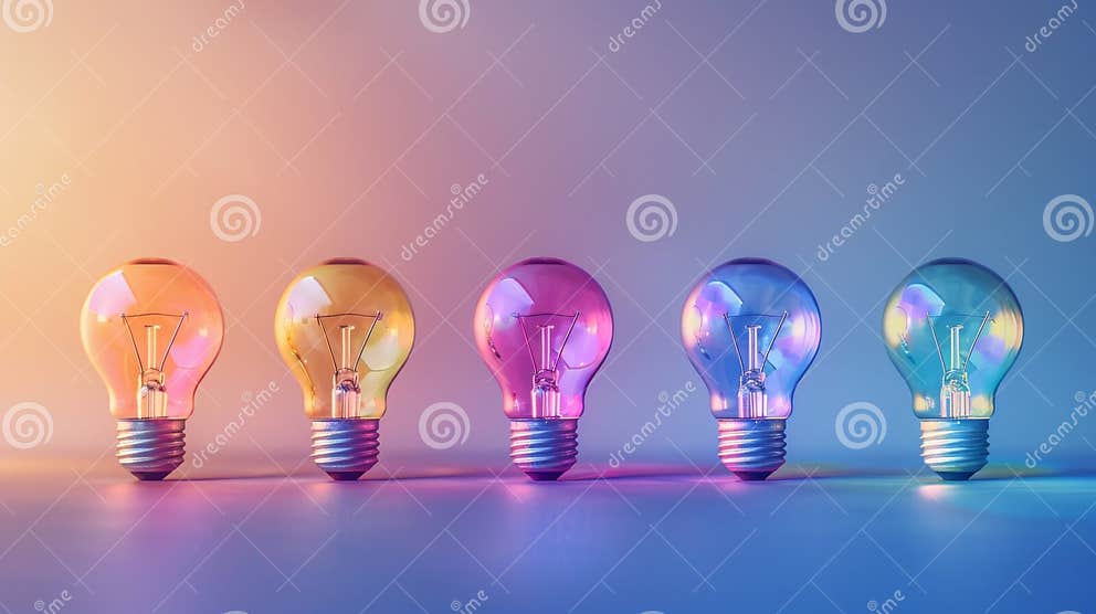 Five Colorful Light Bulbs in a Row, Glowing in Different Colors on a ...