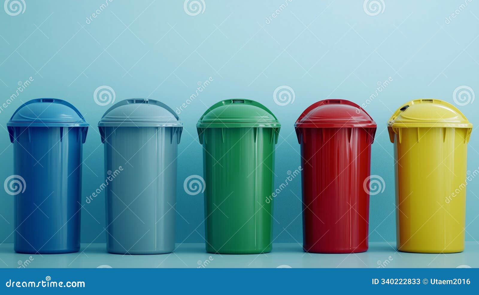 Five Colorful Plastic Trash Cans Standing in Row Stock Image - Image of ...