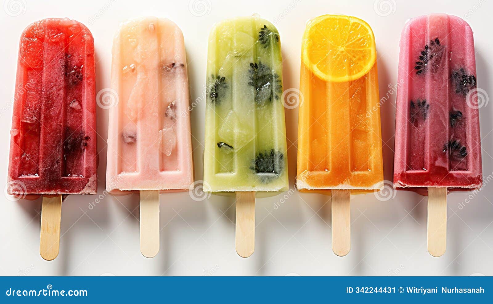 Five Colorful Popsicles with Different Fruit Flavors on a White ...