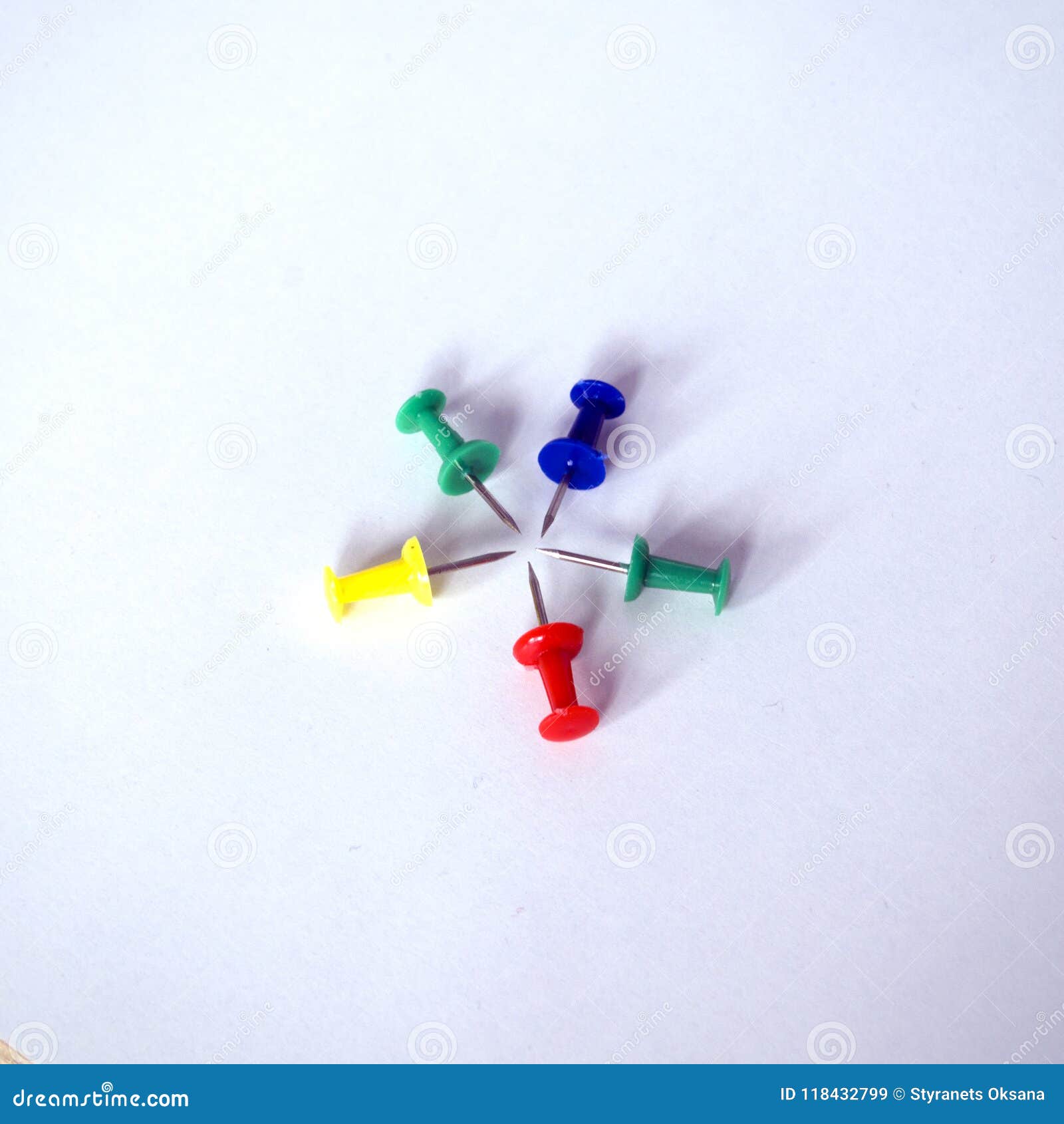 Five colorful pushpins stock image. Image of color, pins - 118432799
