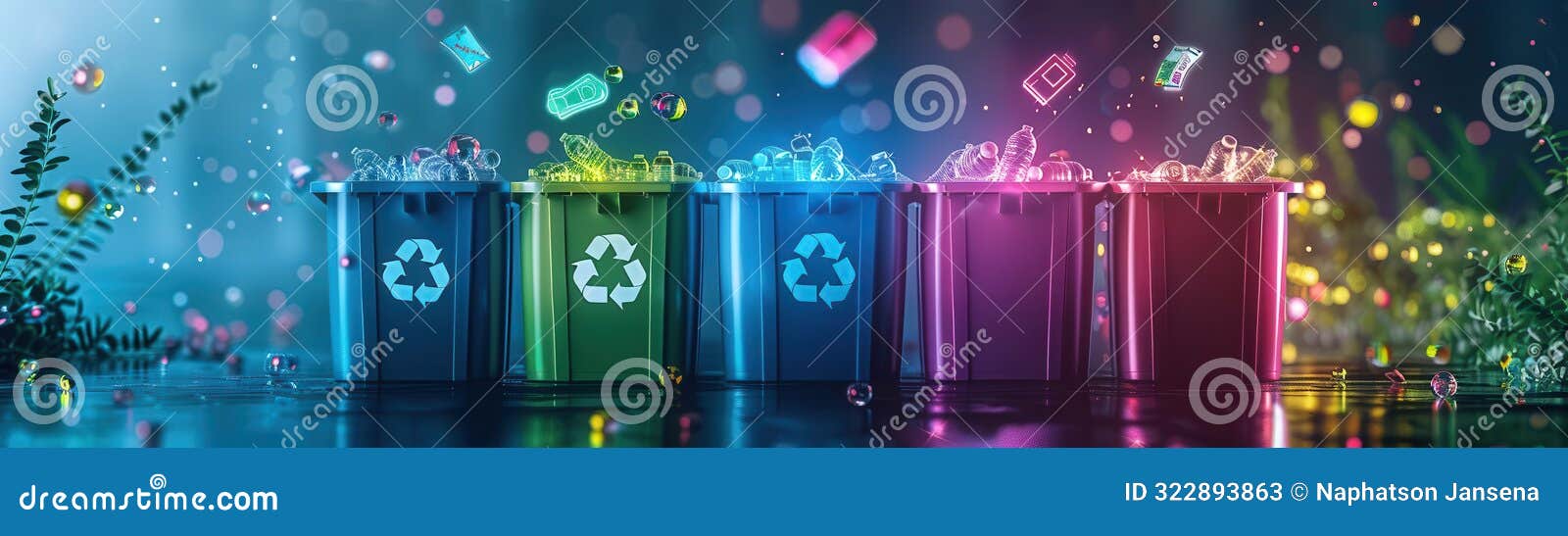 Five Colorful Recycling Bins with Glowing Lights Stock Illustration ...