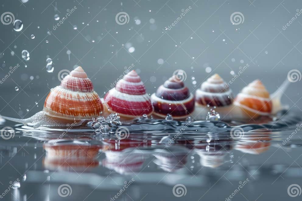 Five Colorful Snails with Delicate Shells Traverse a Rippling Surface ...