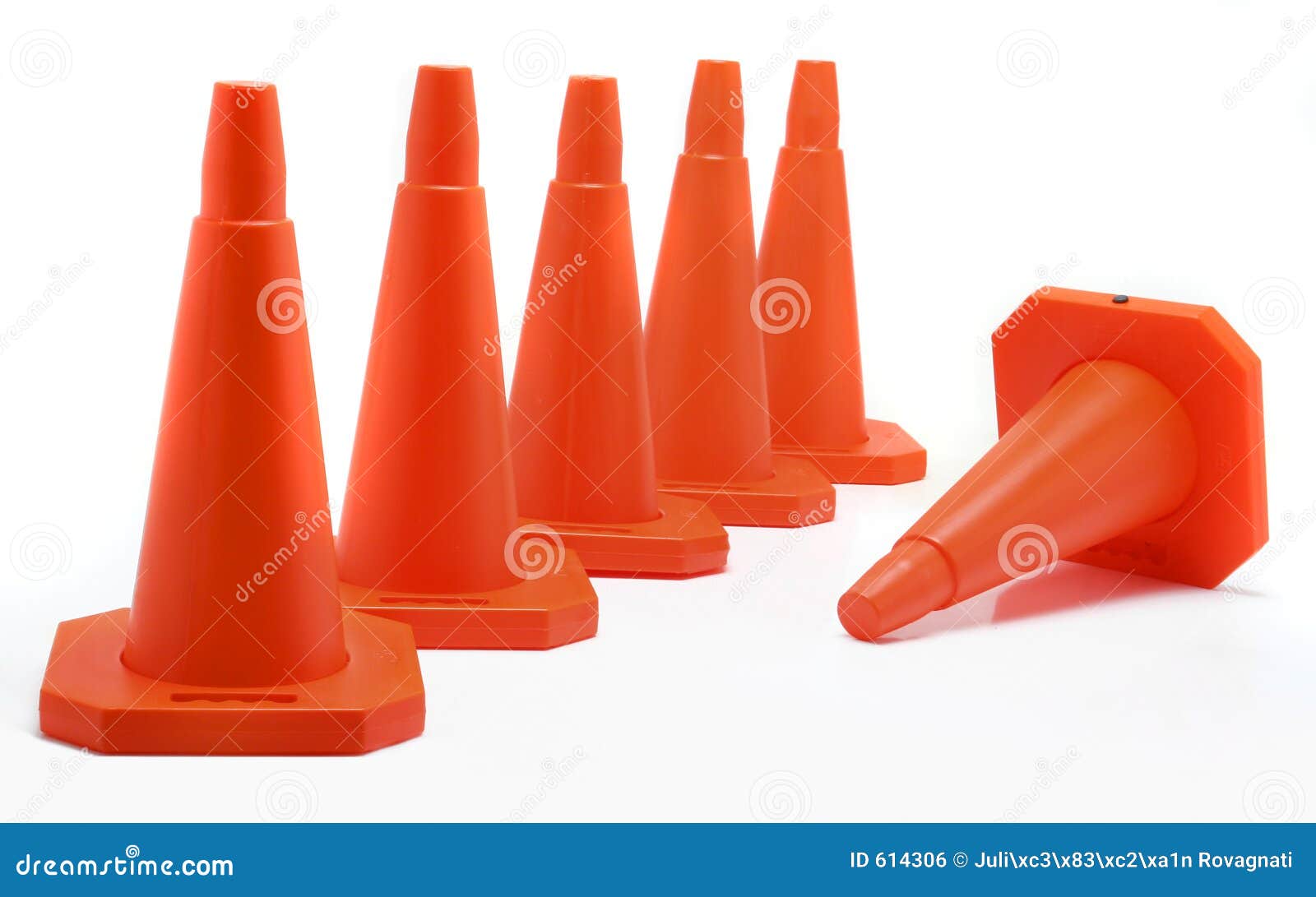 Five Cones Aligned, One Fall Down Stock Photo - Image of cone ...