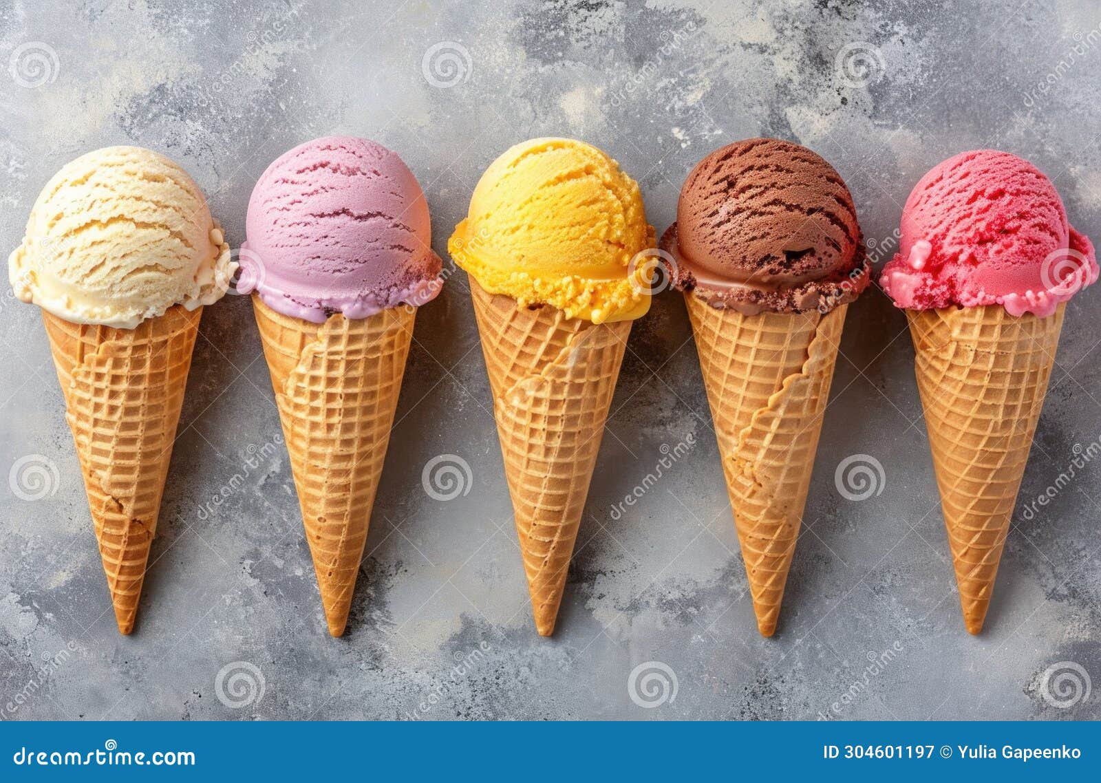 Five Cones of Different Flavors on a Table Stock Image - Image of sugar ...