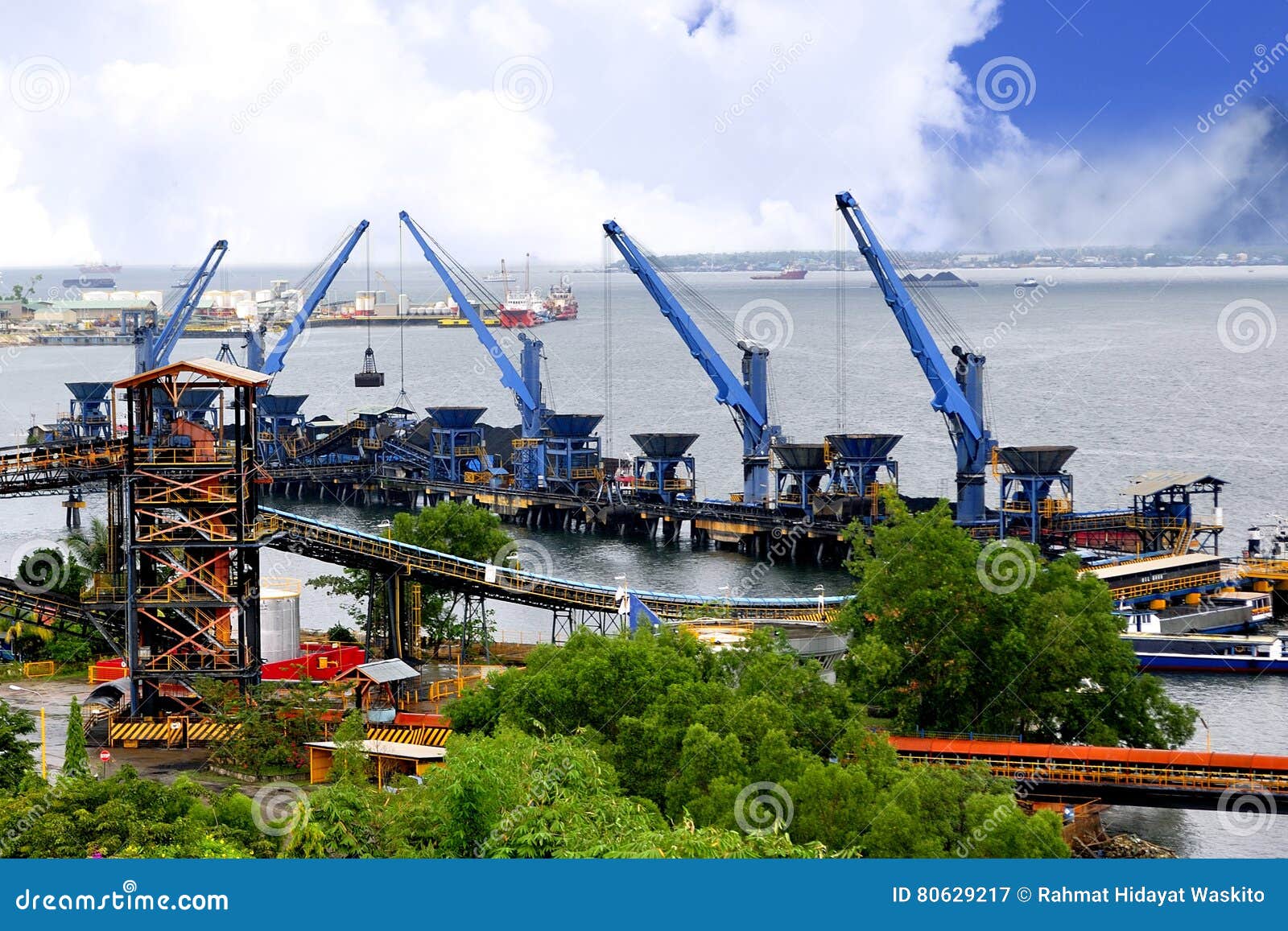 Five Crane Unloading on Port Coal Stock Image - Image of mining ...
