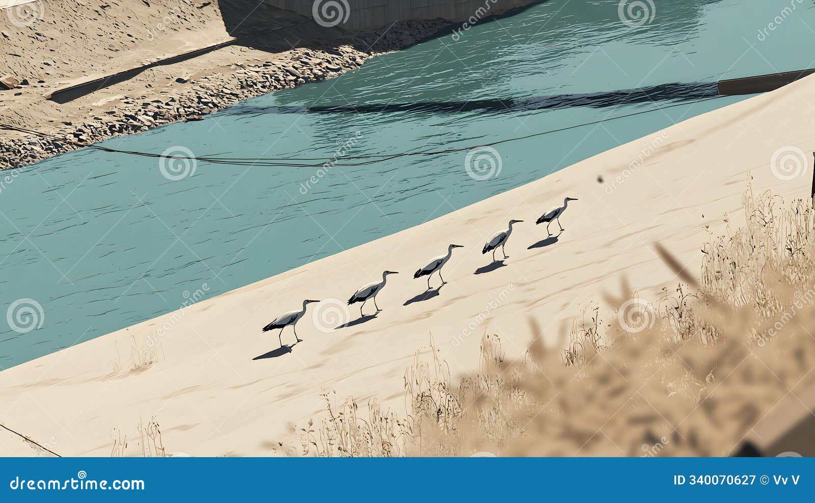 Five Cranes Walking Along the Riverbank Stock Illustration ...