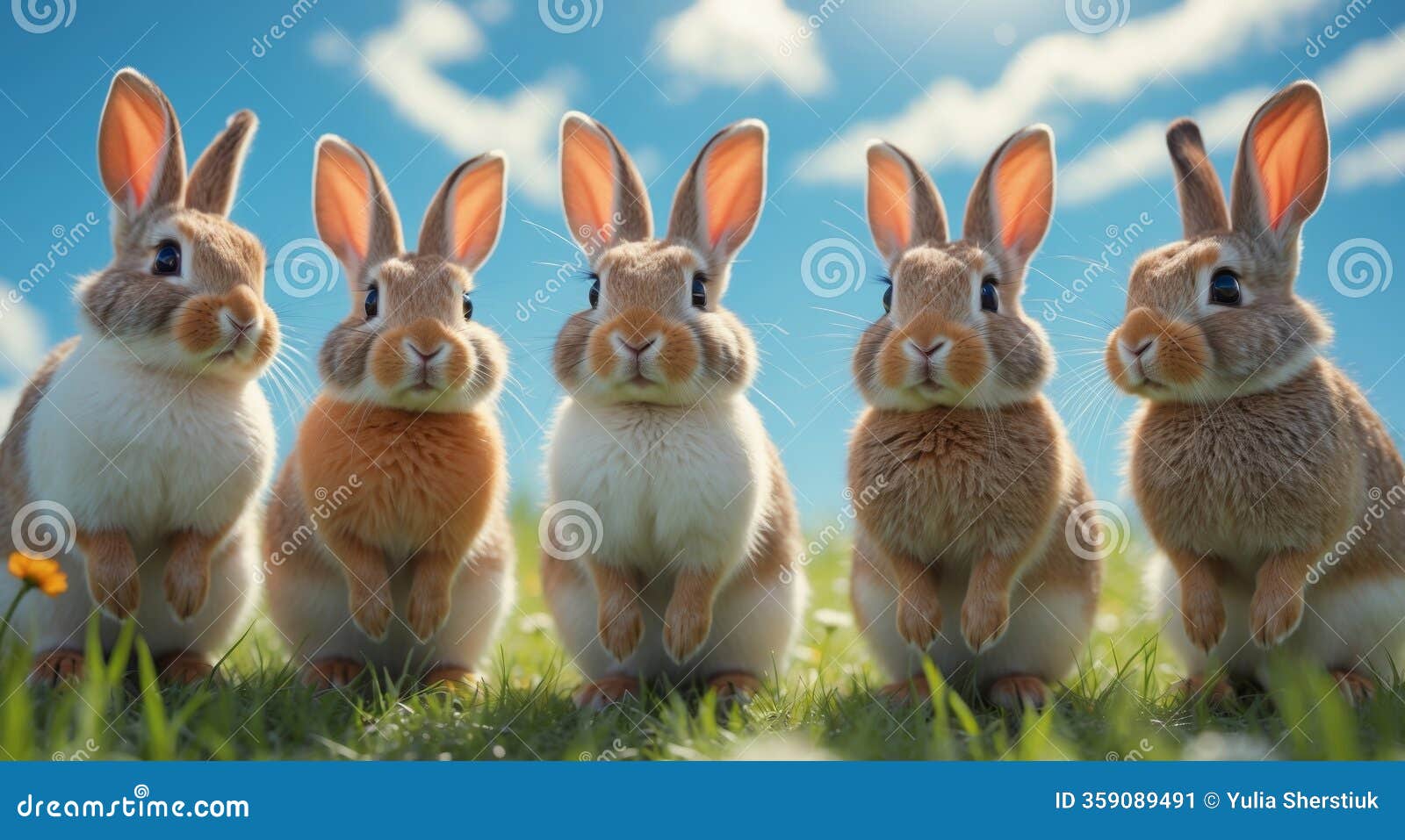 Five Curious Rabbits Lined Up with Attentive Expressions in a Bright ...