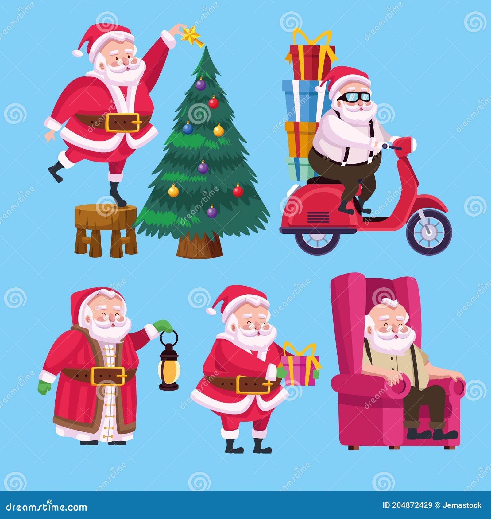 Five Cute Santas Group Comic Characters Stock Illustration ...