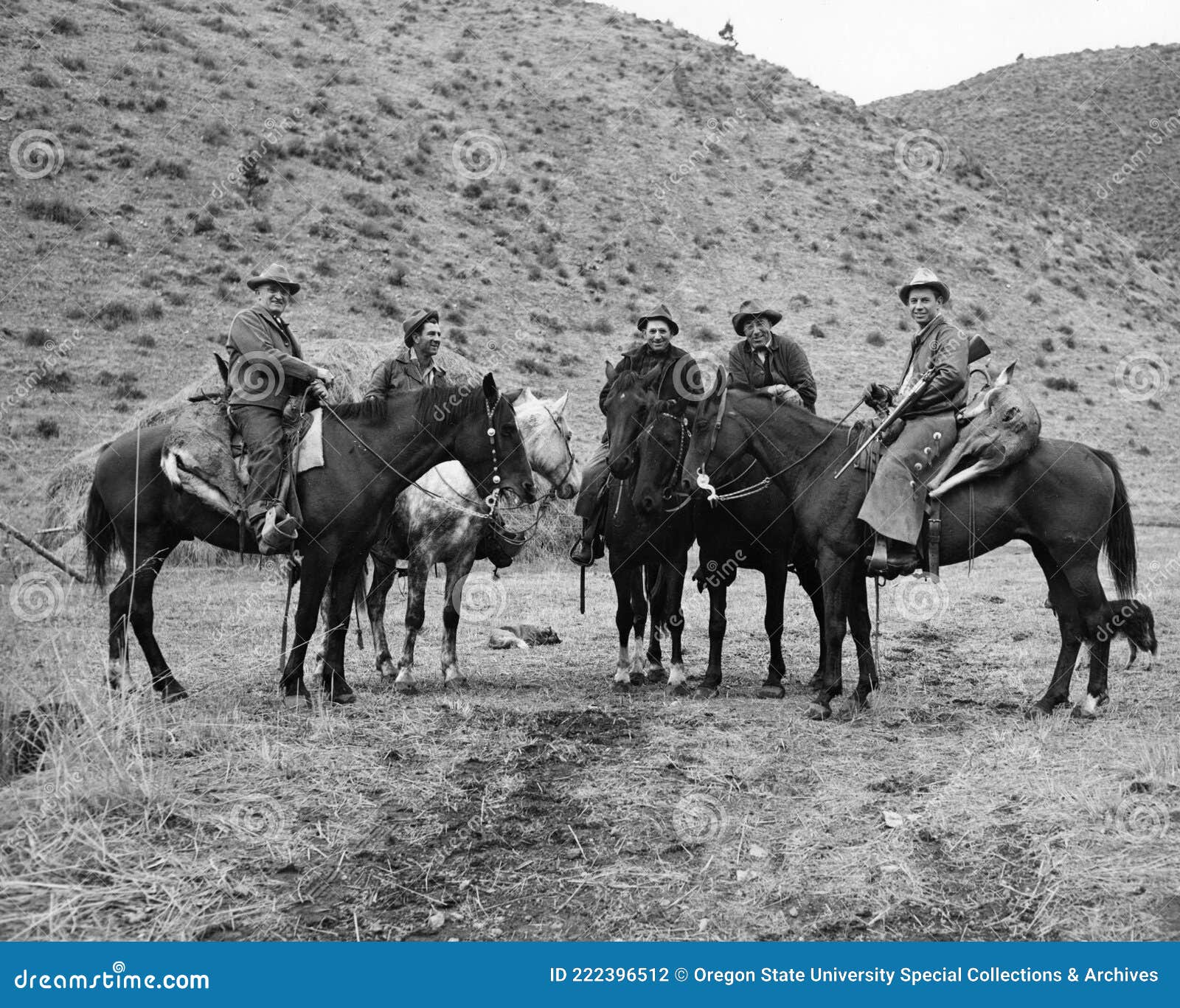 Five Deer Hunters On Horseback With Dogs Picture. Image: 222396512