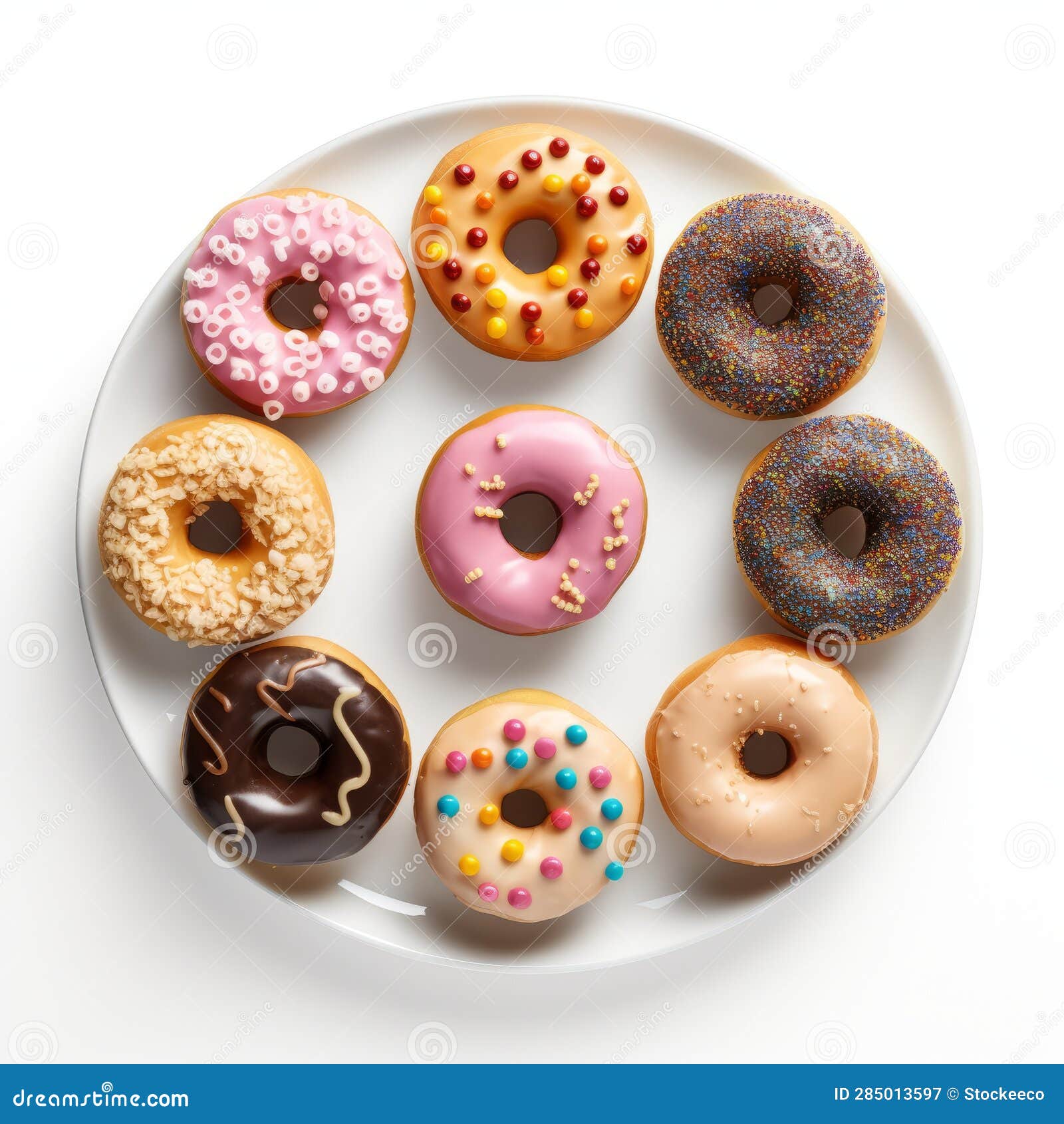 Top View of Five Donuts with Coffee on White Background Stock ...
