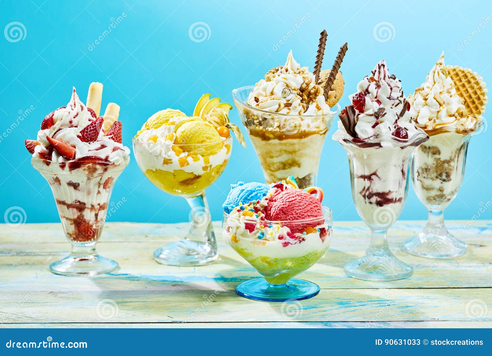 Five Differ Flavor Ice Cream Sundaes Stock Image - Image of assorted ...