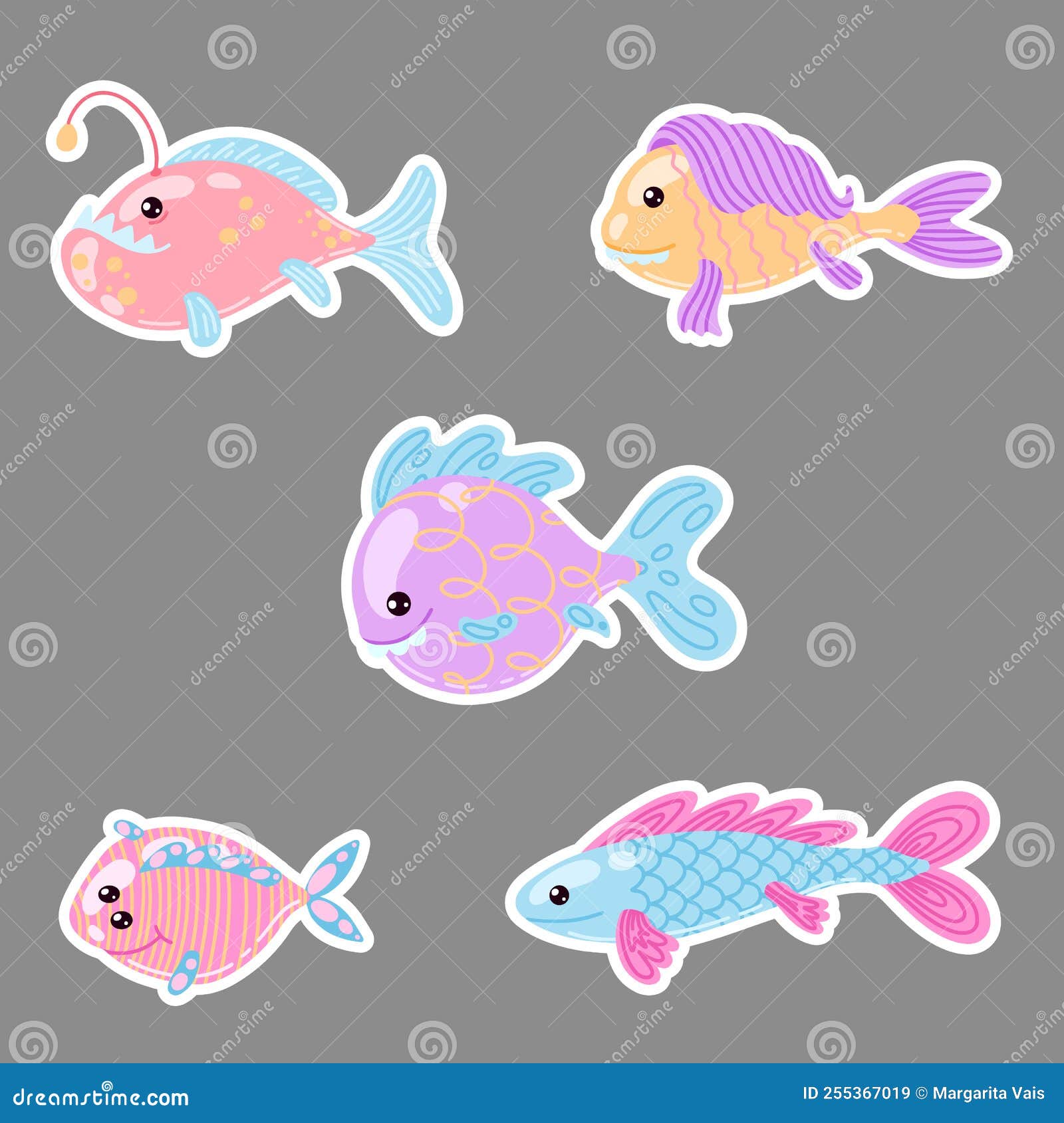Five Different Cartoon Styled Fishes Sticker Set Stock Vector ...