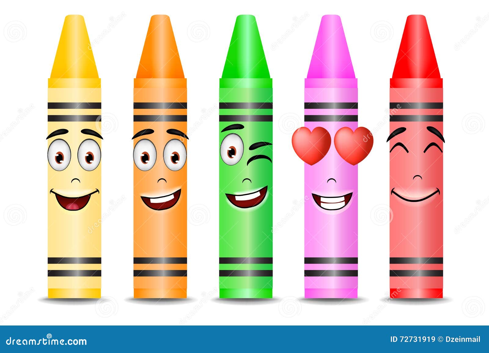 Five Different Color Crayon Mascots with Different Facial Expressions ...
