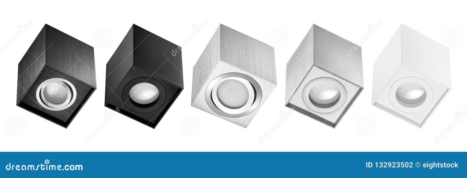 Five Different Colors of LED Light Cube Reflector on White Background ...