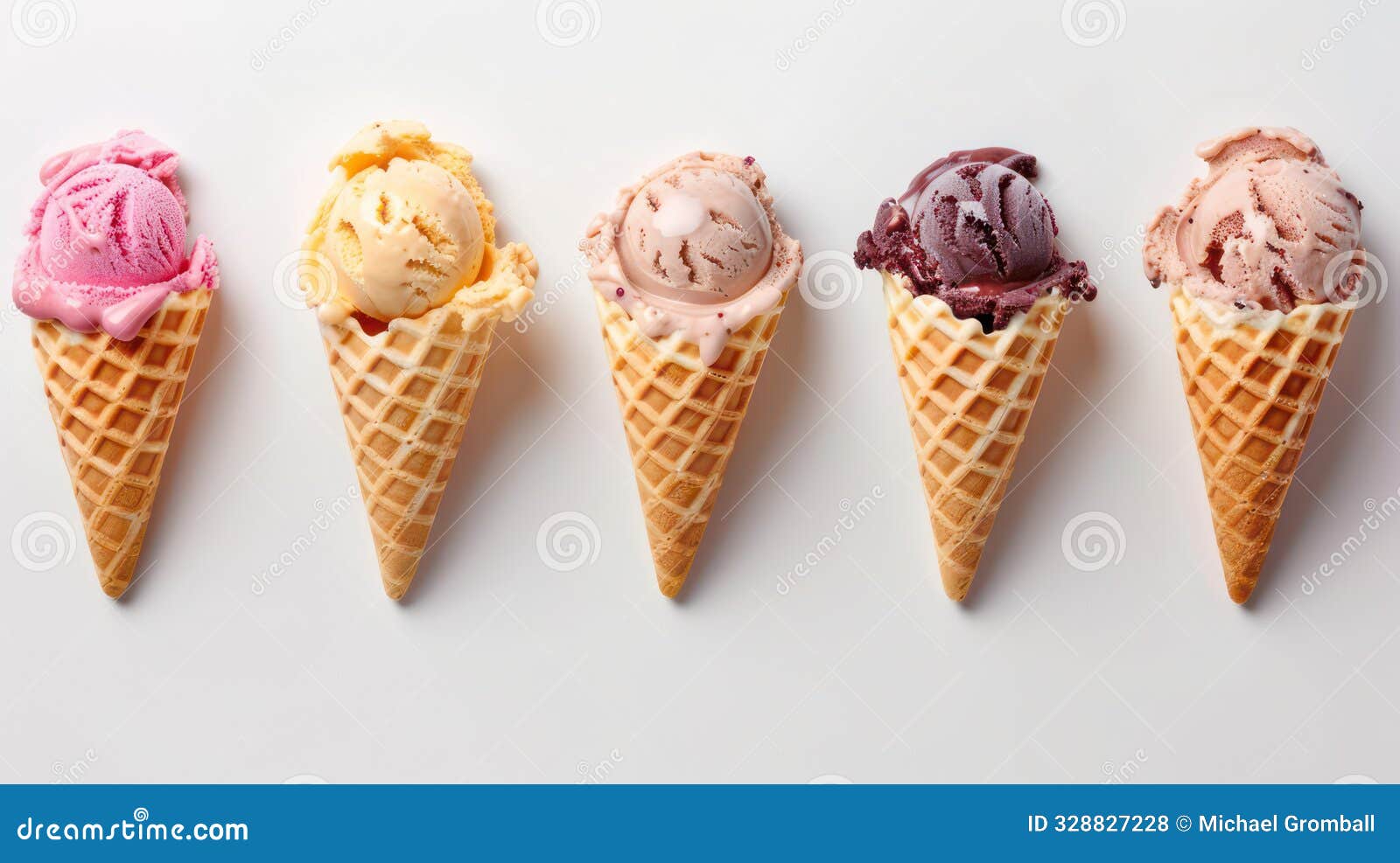 Five Different Flavours of Ice Cream in Waffles Isolated on White ...