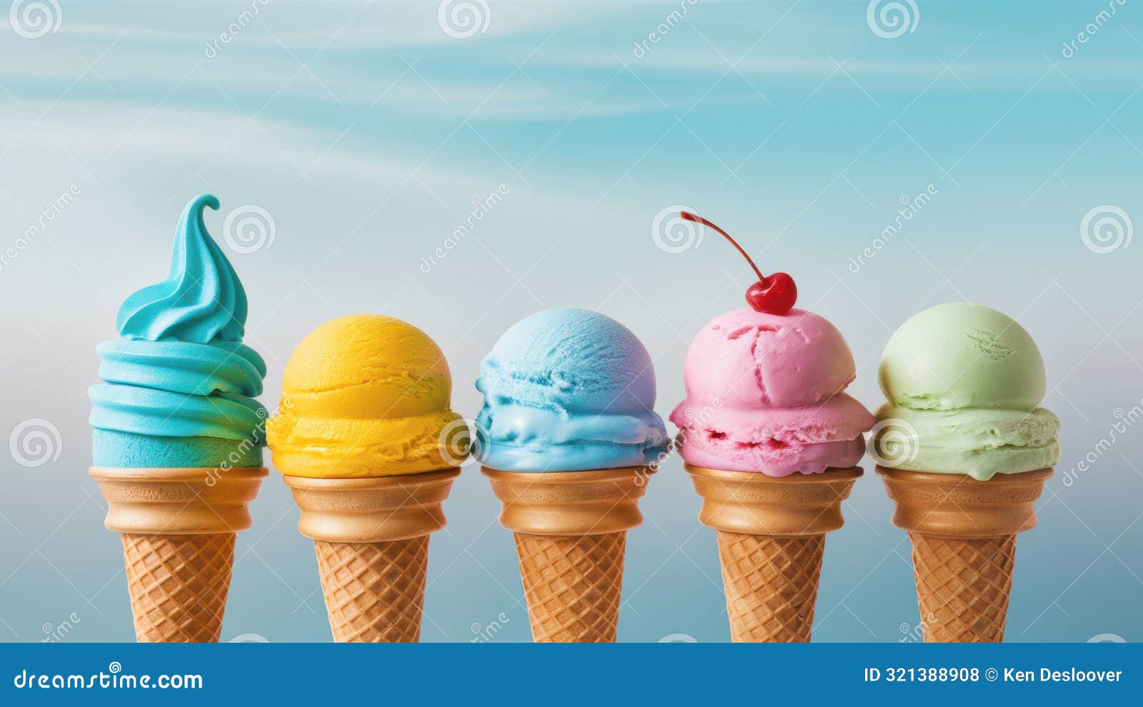 Five Different Ice Cream Cones on Display with Copy-Space Stock Photo ...