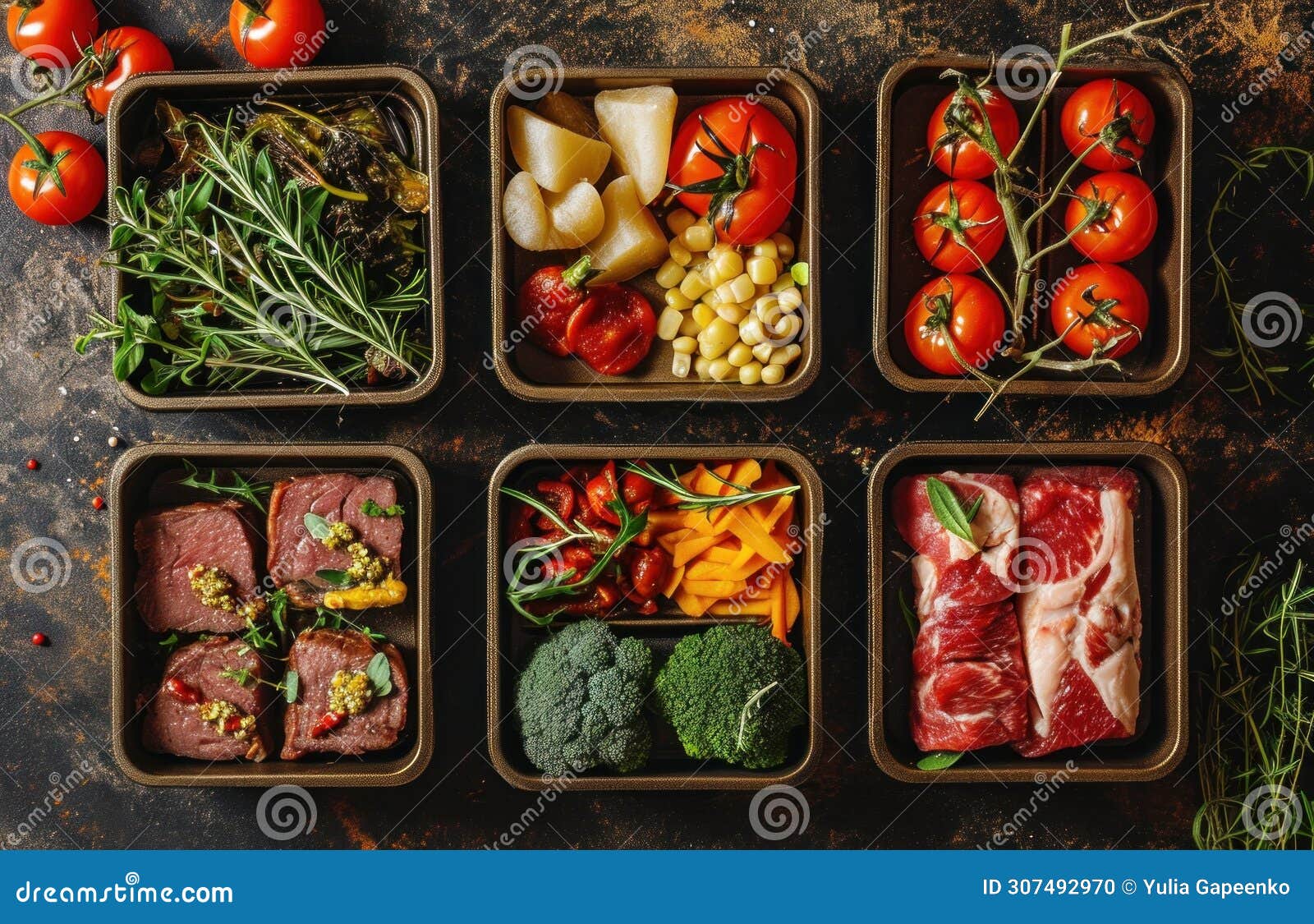 Five Different Meal Boxes with Different Types of Meat Stock Photo ...