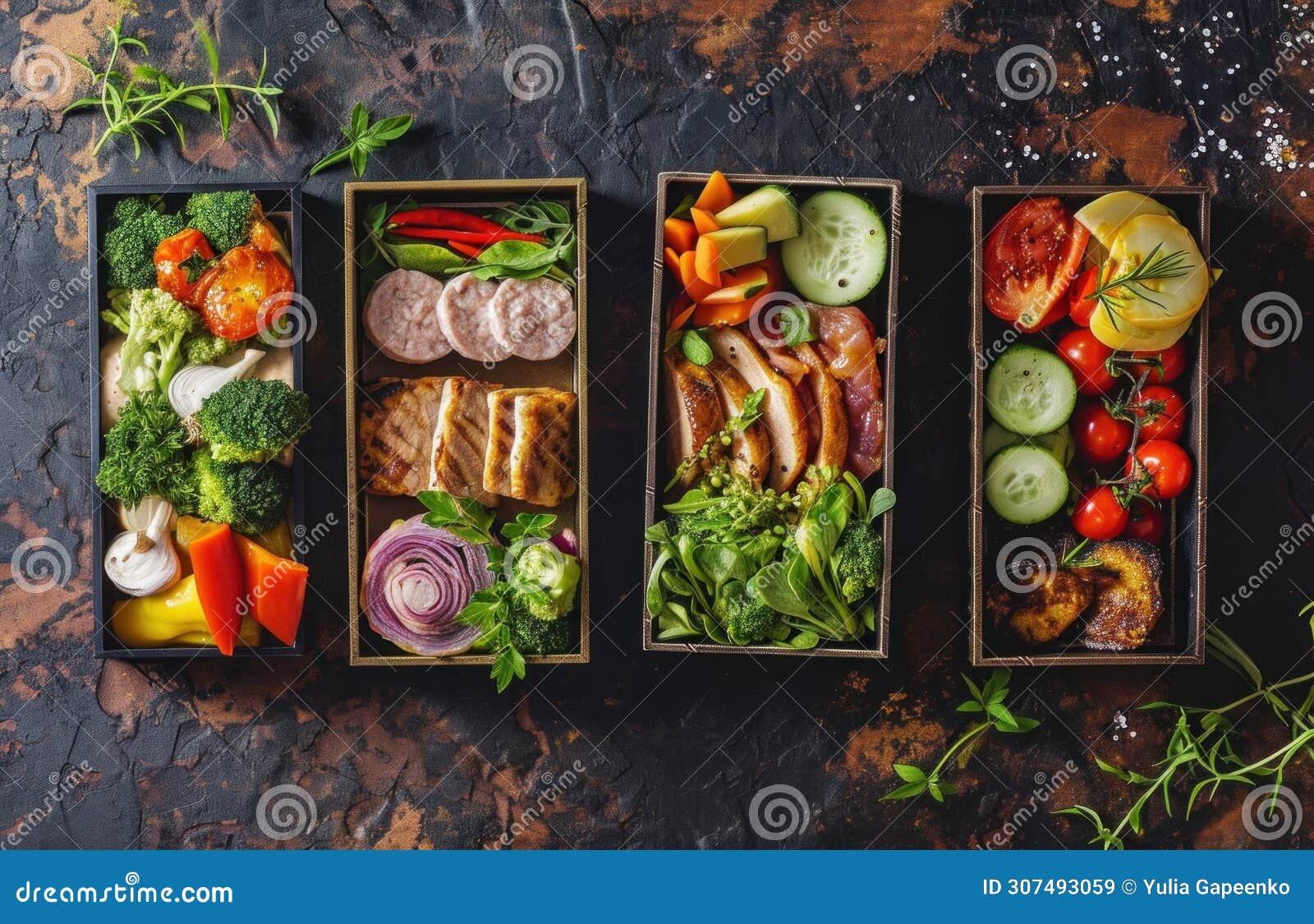 Five Different Meal Boxes with Different Types of Meat Stock Image ...