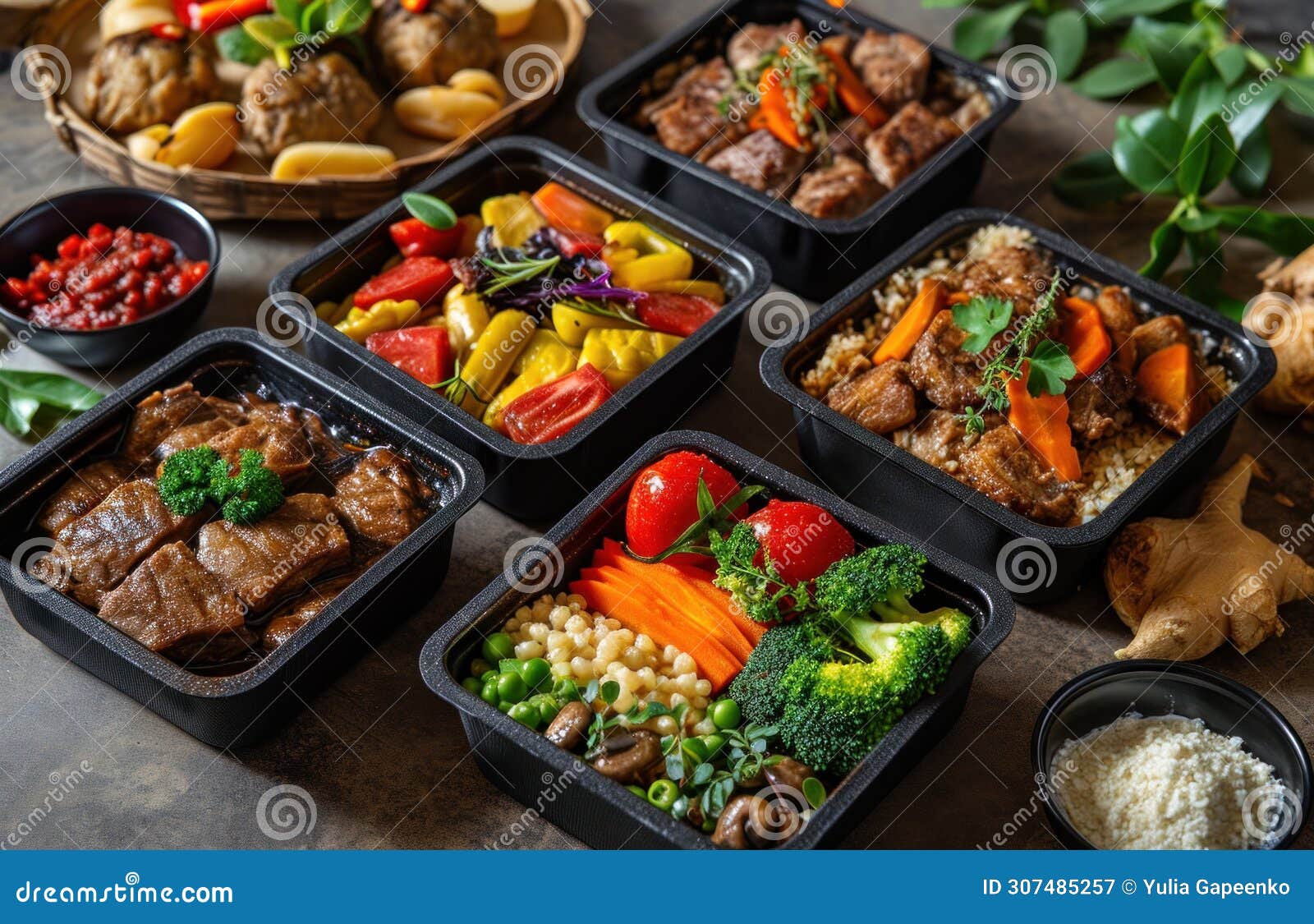 Five Different Meal Boxes with Different Types of Meat Stock Image ...