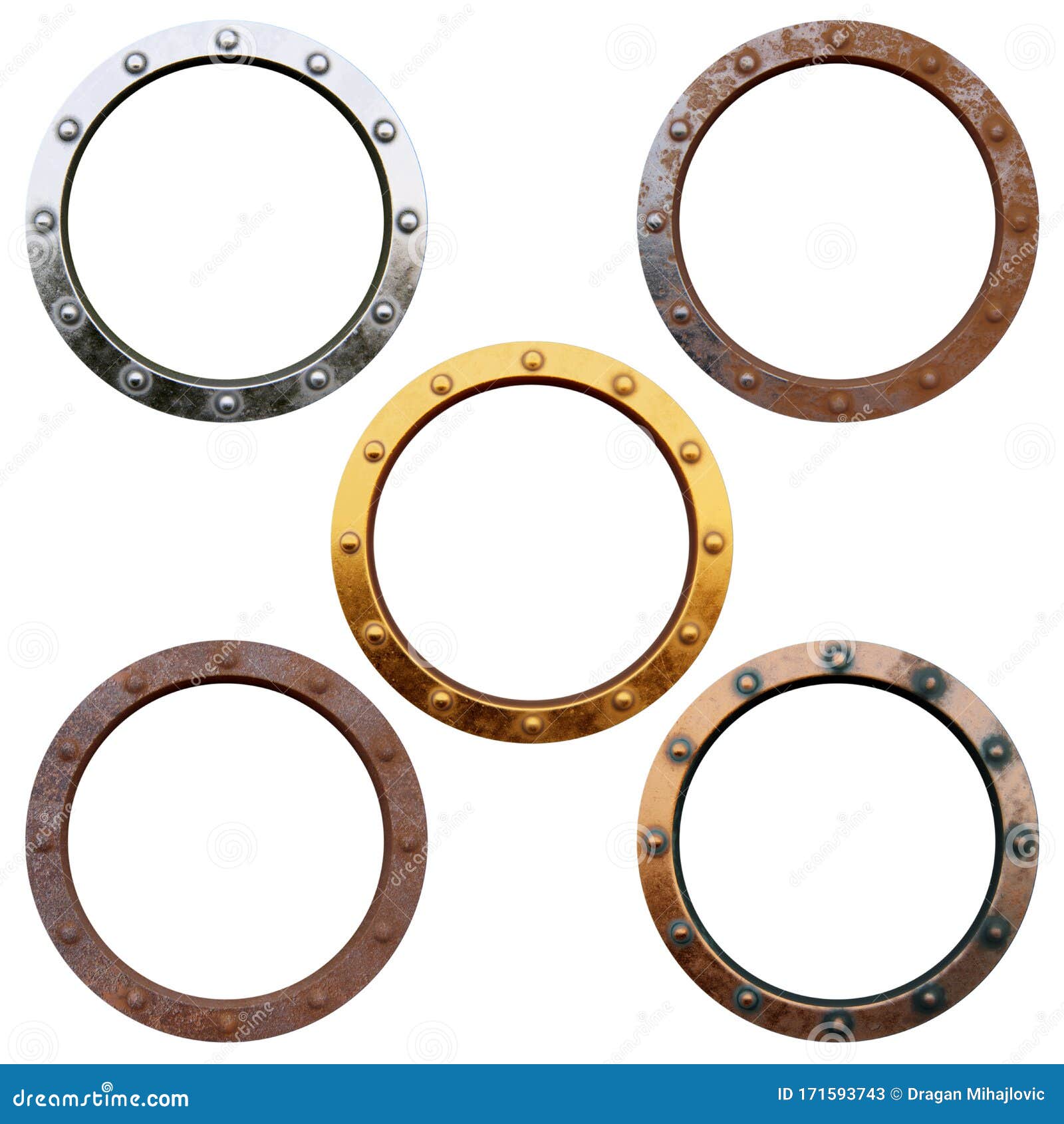 Five Different Round Metal Frames Isolated on the White Background ...