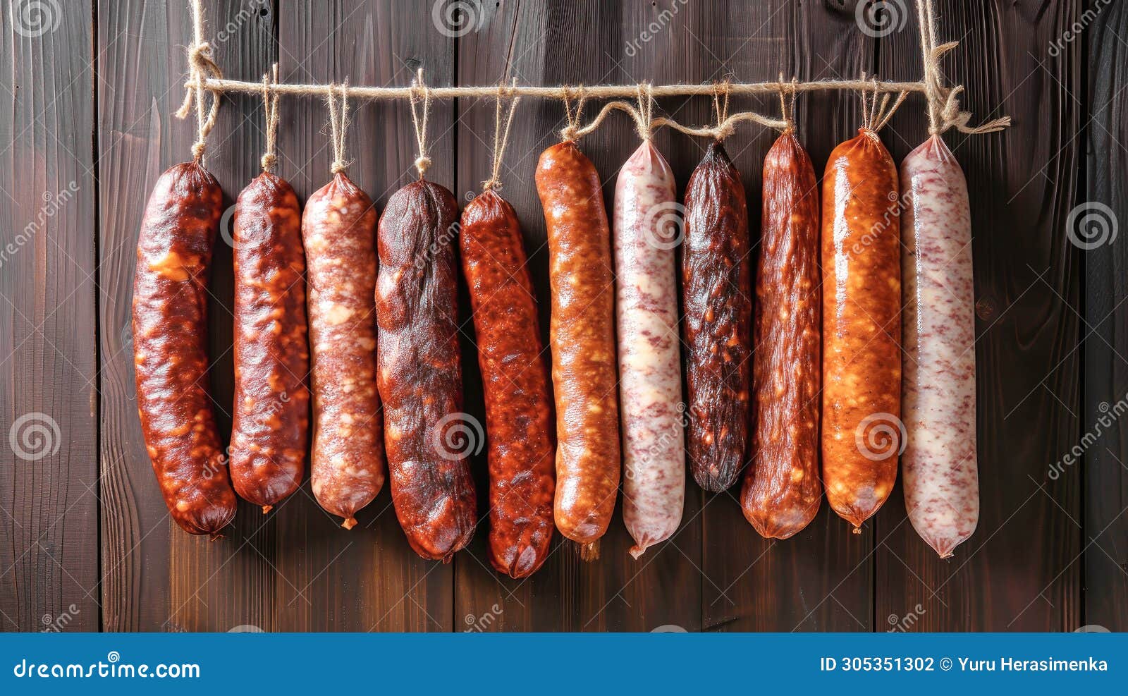 Five Different Types of Sausage Hanging from Strings Stock Illustration ...