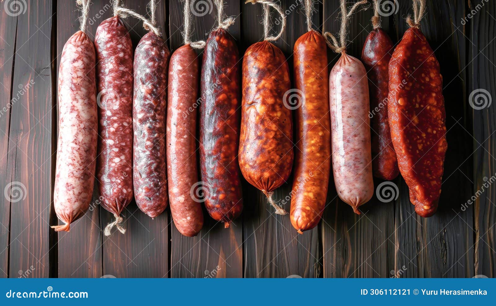 Five Different Types of Sausage Hanging from Strings Stock Illustration ...