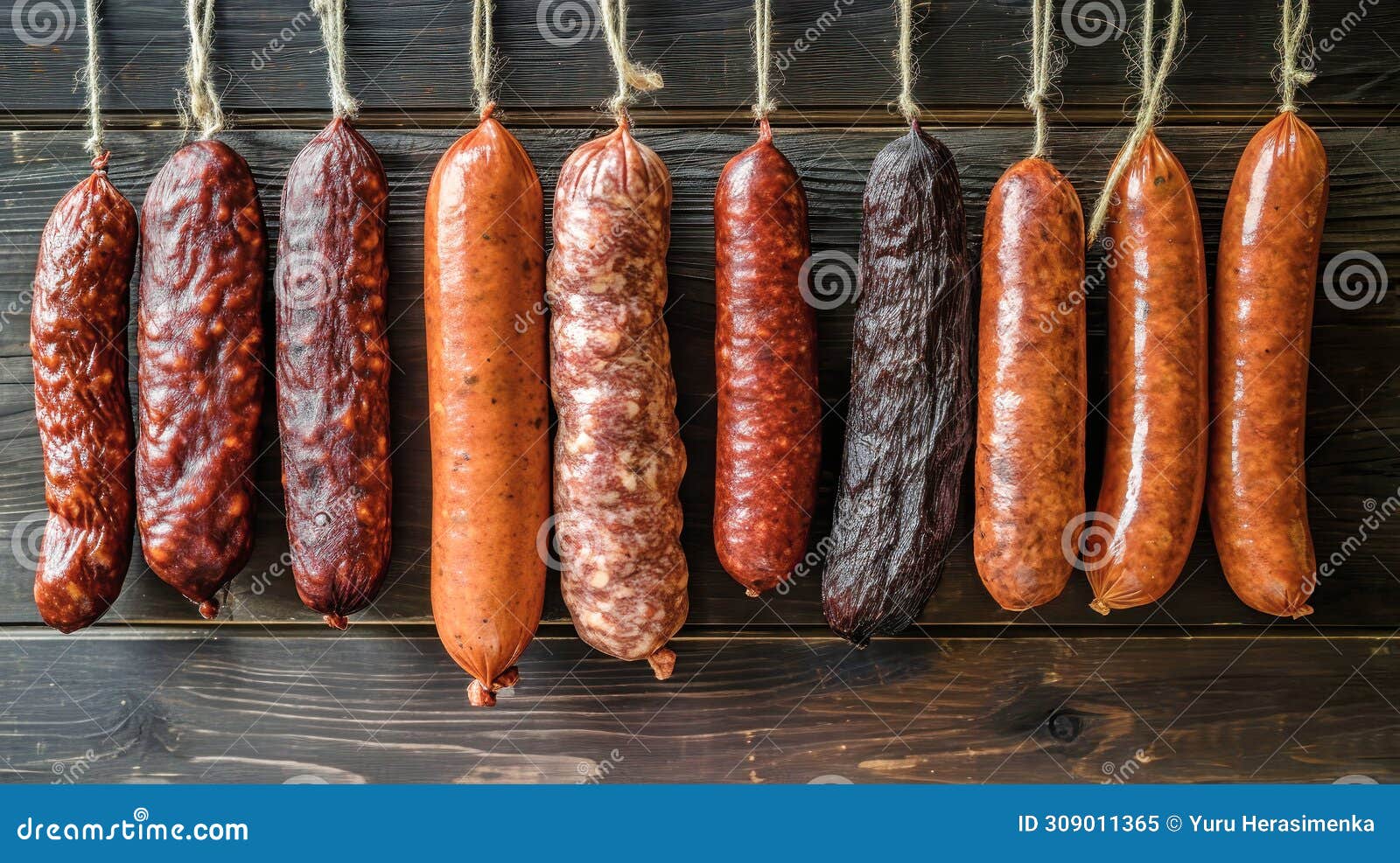 Five Different Types of Sausage Hanging from Strings Stock Illustration ...