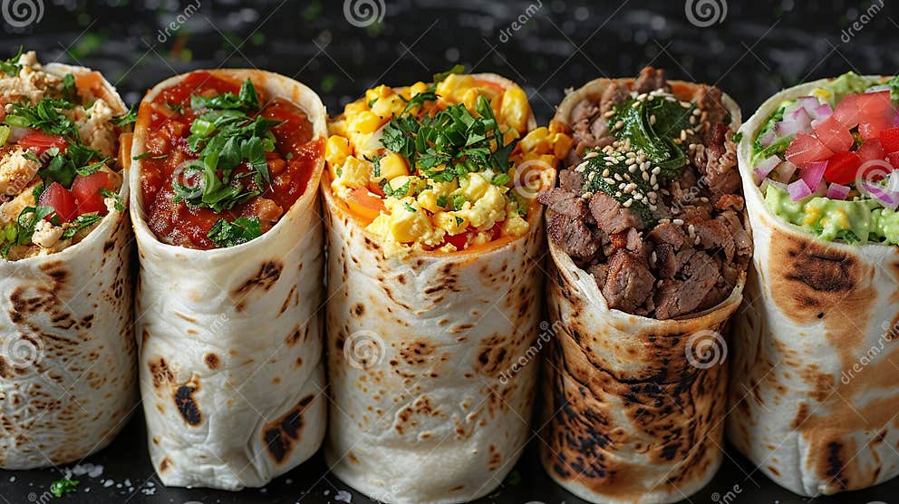 Five Different Varieties of Burritos on a Dark Background Stock ...