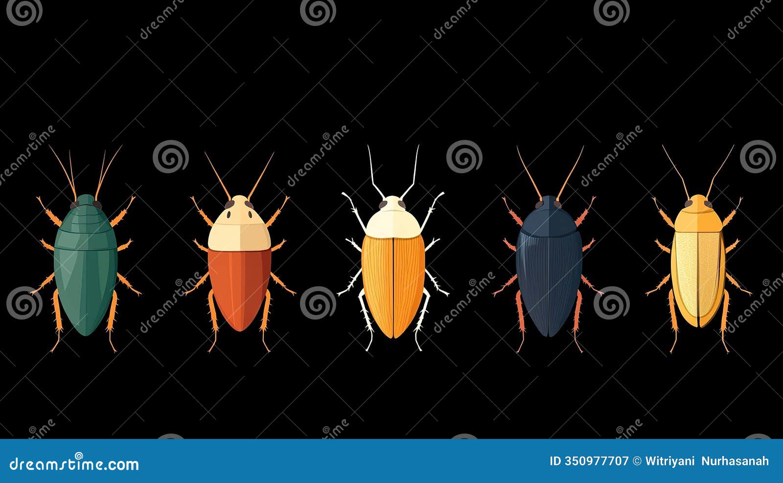 Five Diverse Flat-style Insect Illustrations on Black Background Stock ...