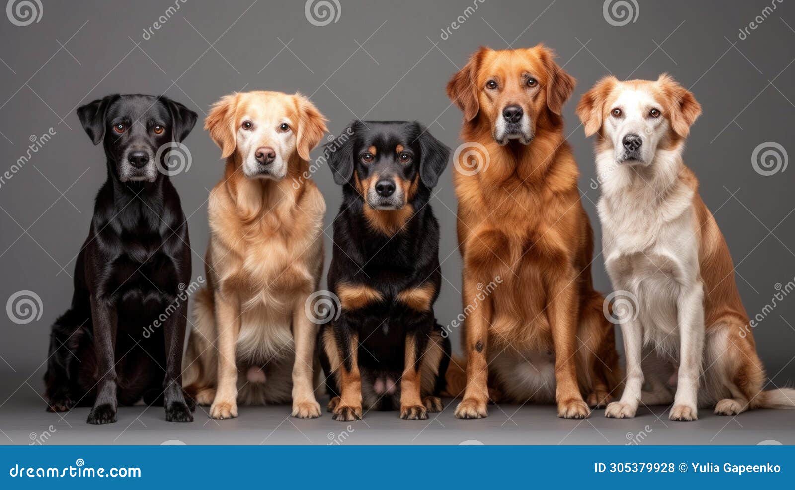 Five Dogs Sit in a Row and Look at the Camera Stock Photo - Image of ...