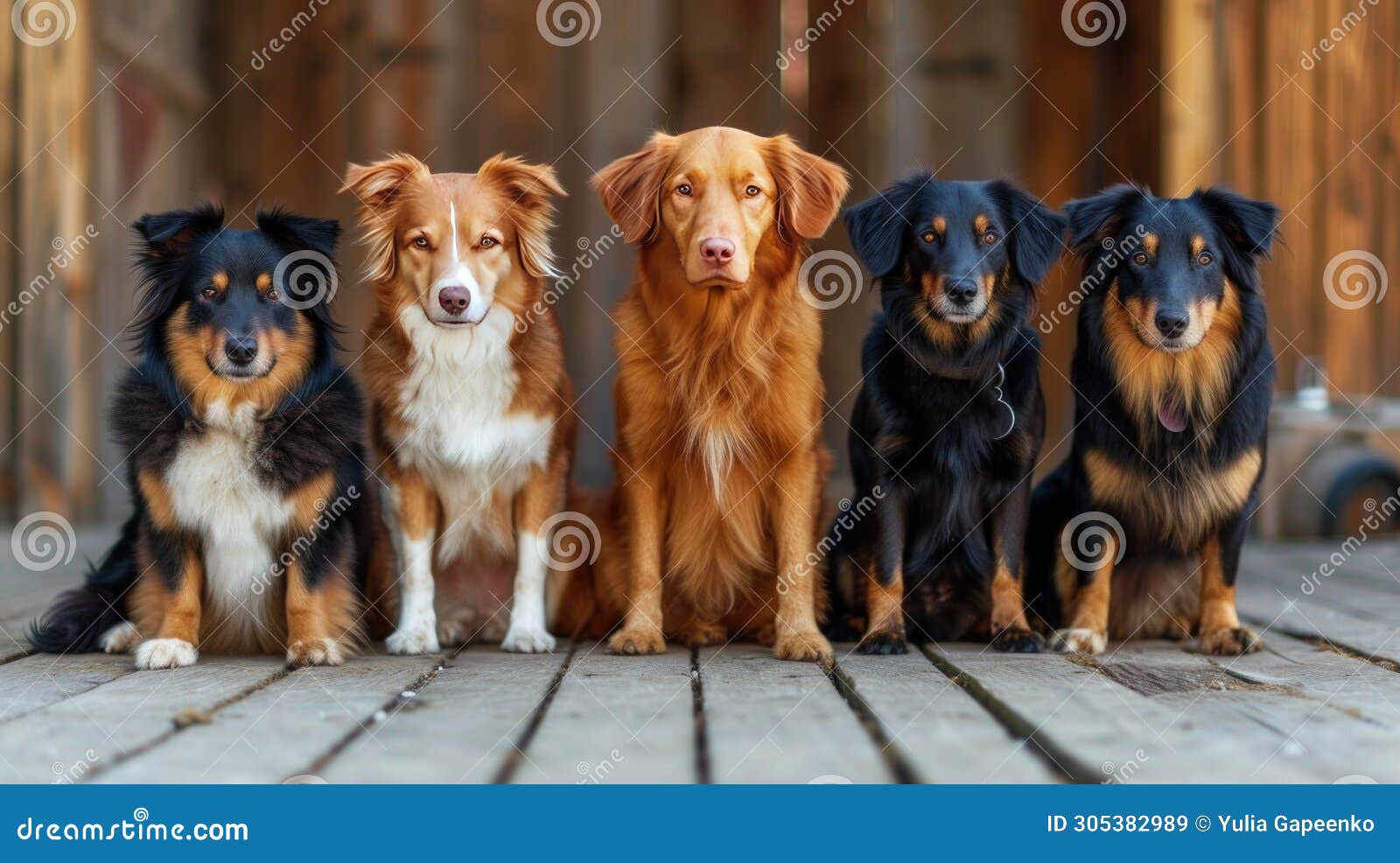Five Dogs Sit in a Row and Look at the Camera Stock Image - Image of ...