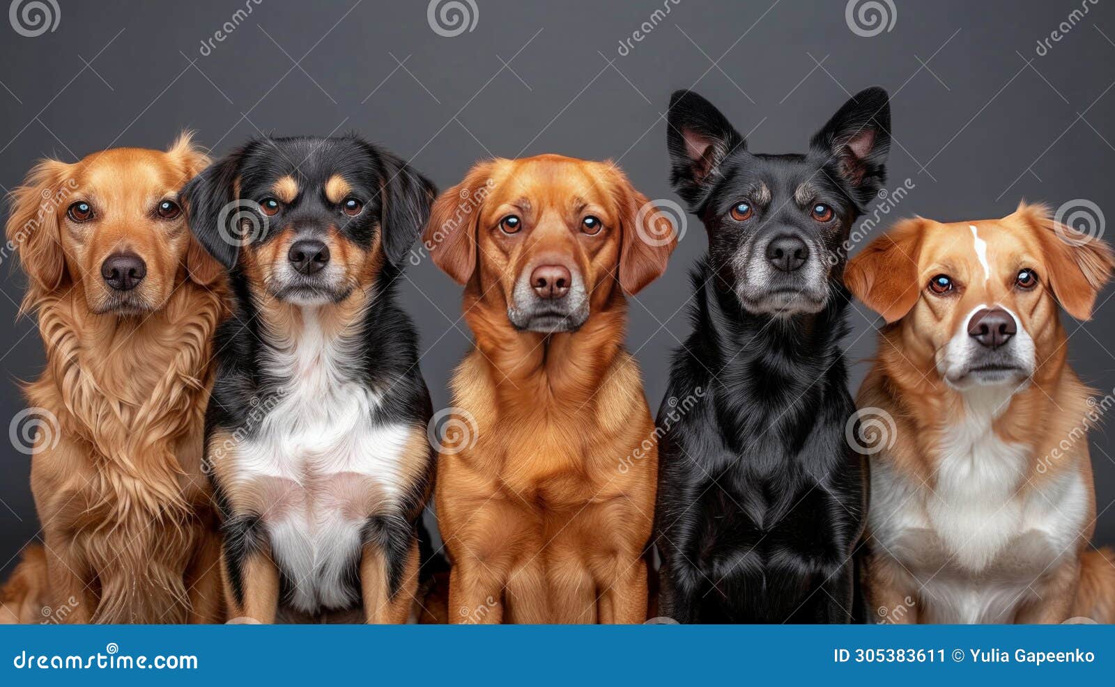 Five Dogs Sit in a Row and Look at the Camera Stock Image - Image of ...