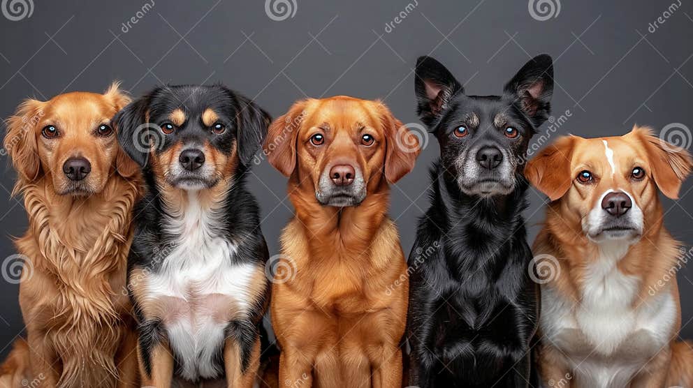 Five Dogs Sit in a Row and Look at the Camera Stock Image - Image of ...