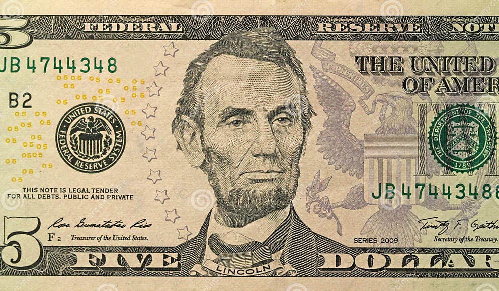 Five Dollars with One Note. 5 Dollars Stock Image - Image of banking ...