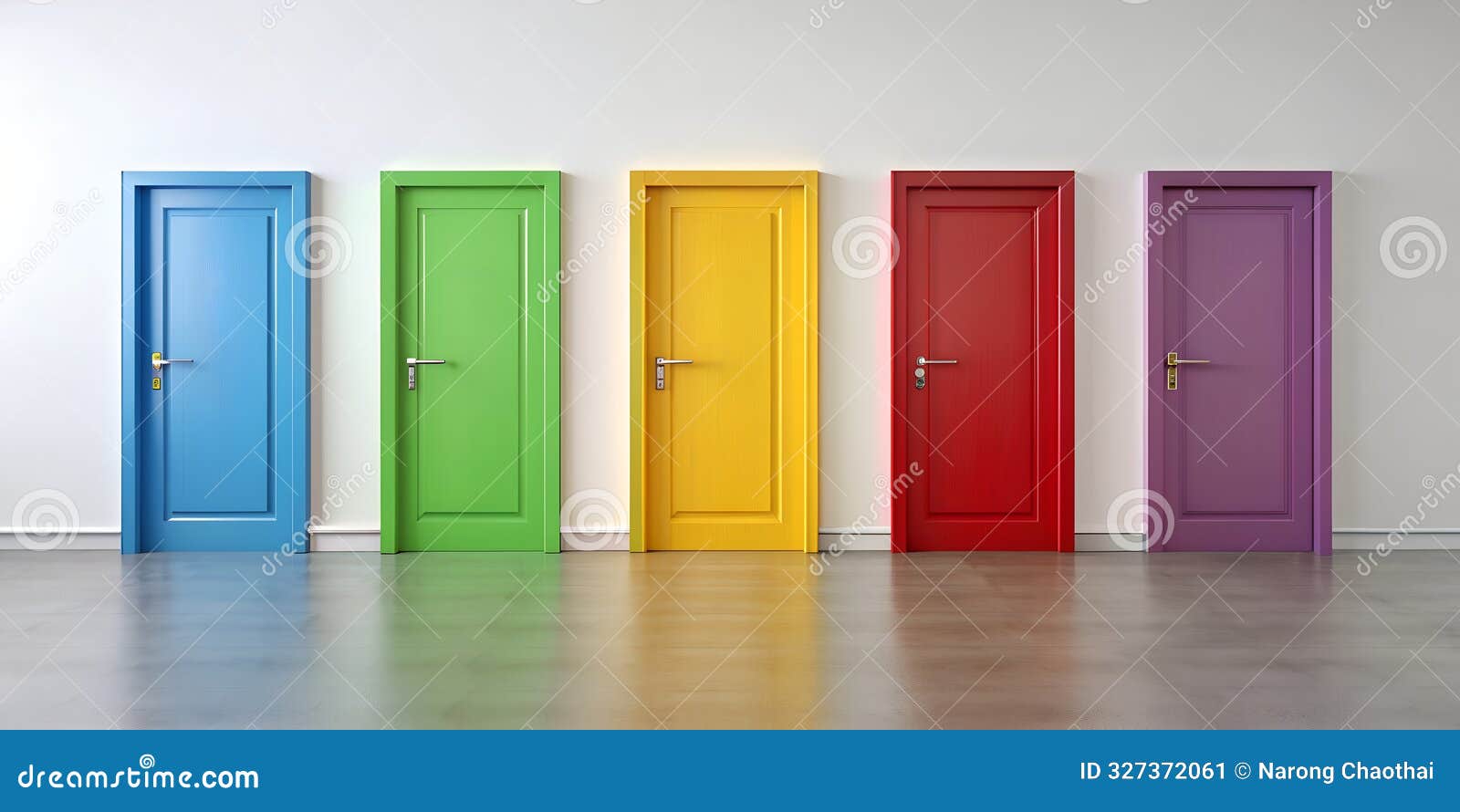 Five Doors with Empty Wall Five Colourful Doors on Isolated Light ...