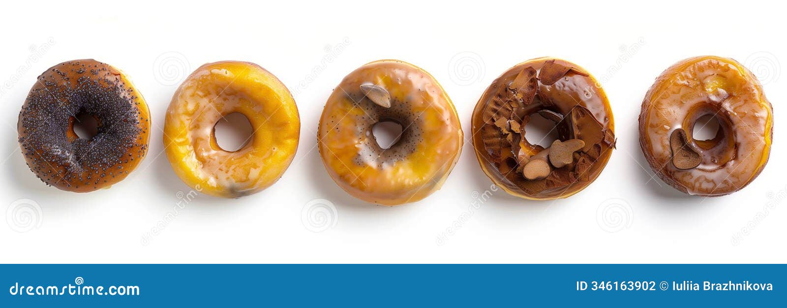 Five Doughnuts of Different Varieties Arranged in a Line on a White ...