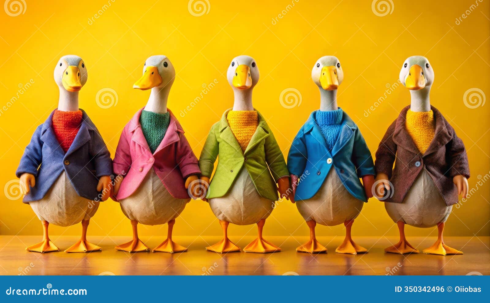 Five Ducks in Jackets Front View, Yellow Background Stock Illustration ...