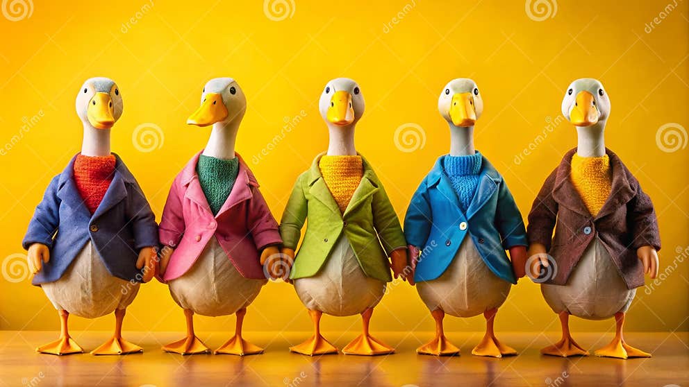 Five Ducks in Jackets Front View, Yellow Background Stock Illustration ...