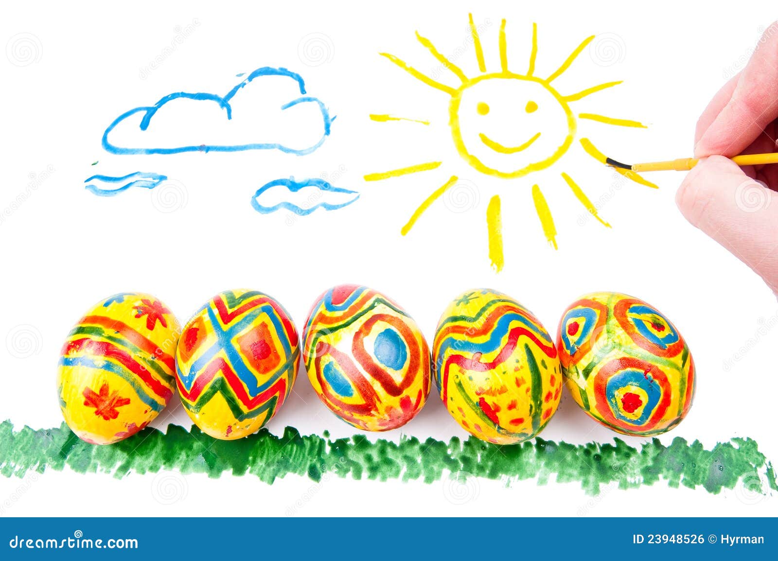Five Easter Eggs on Grass, Sun in Sky Stock Photo - Image of multi ...