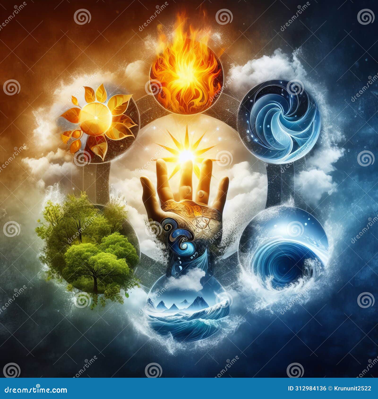Five Elements of Nature Air Water Fire Earth Space Creation Stock ...