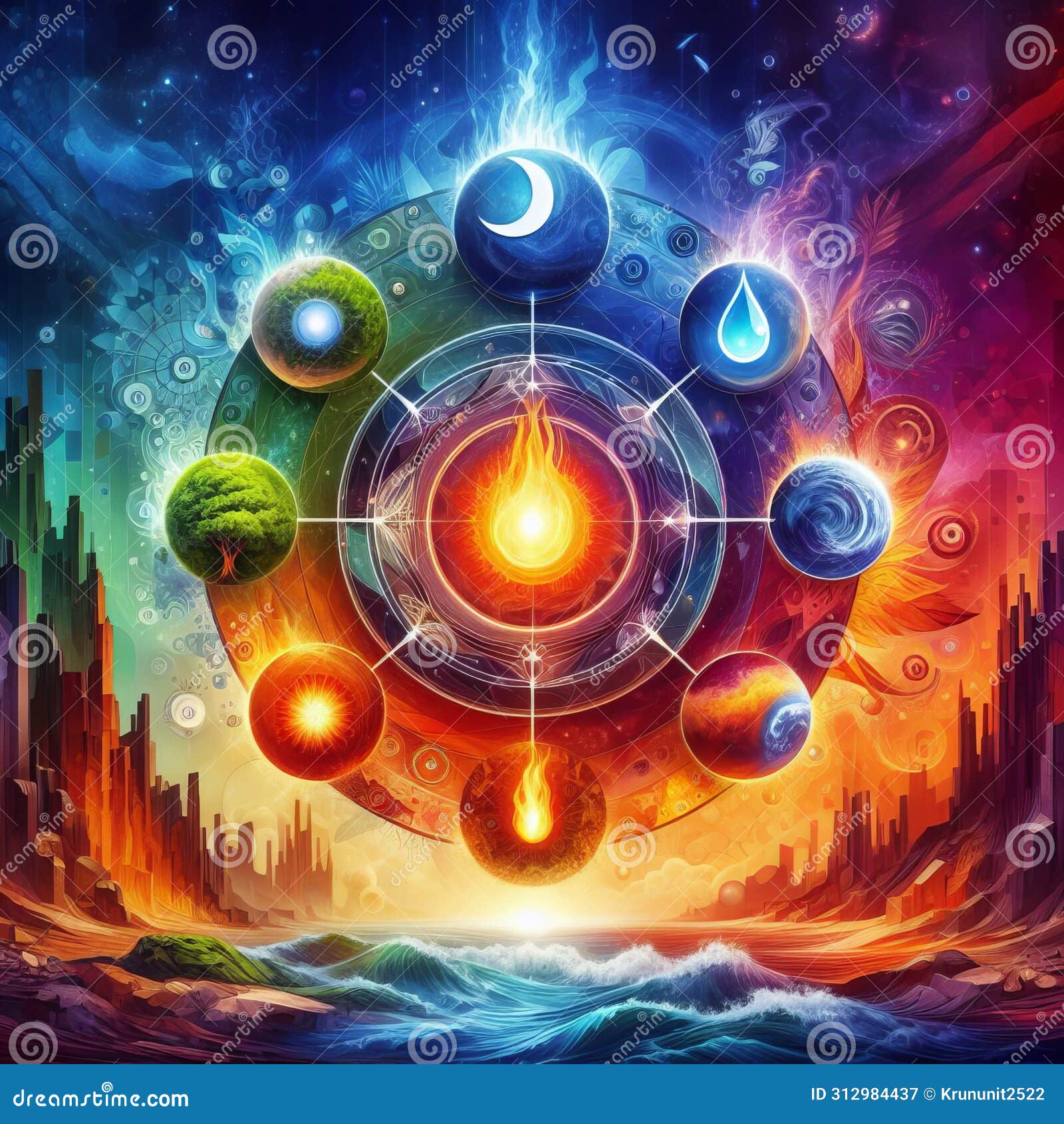 Five Elements of Nature Air Water Fire Earth Space Creation Stock ...