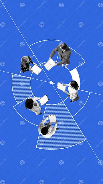 Five Employees Stand in Radial Chart, Holding Documents. Collaboration, Teamwork, and Collective ...