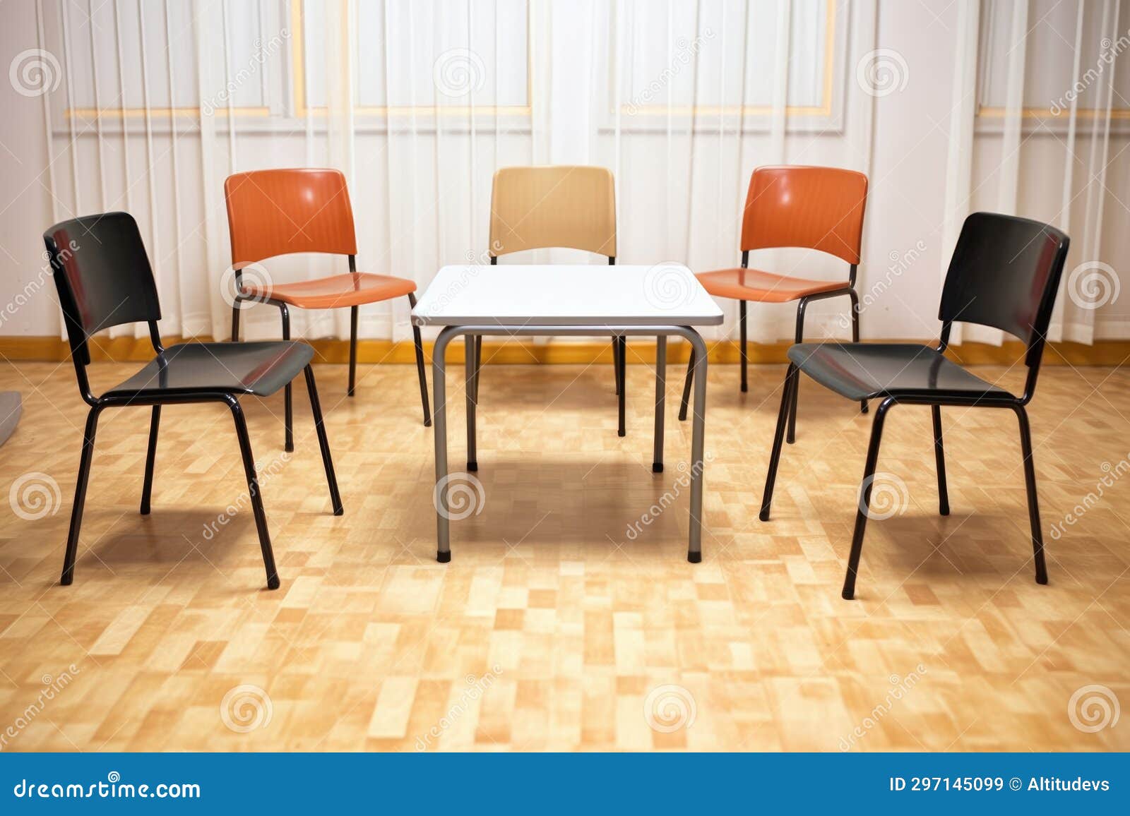 Five Empty Chairs Around a Square Laminate Table Stock Image - Image of ...