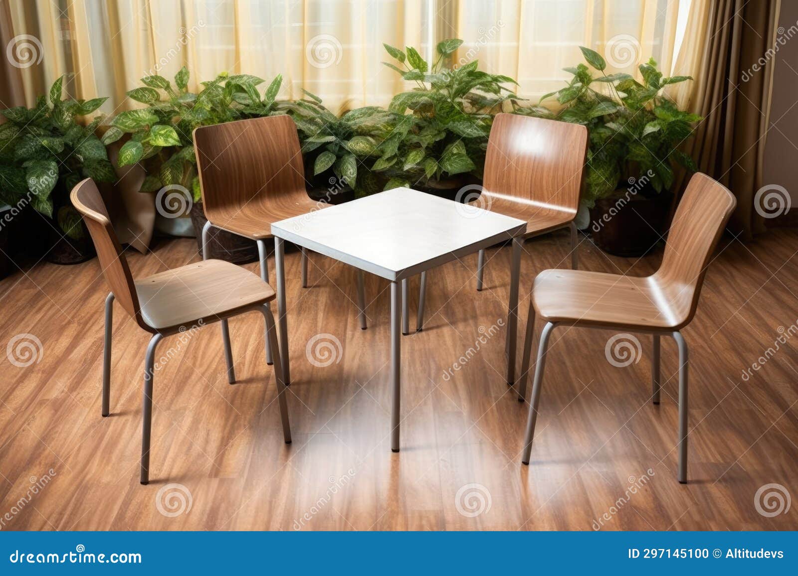 Five Empty Chairs Around a Square Laminate Table Stock Photo - Image of ...