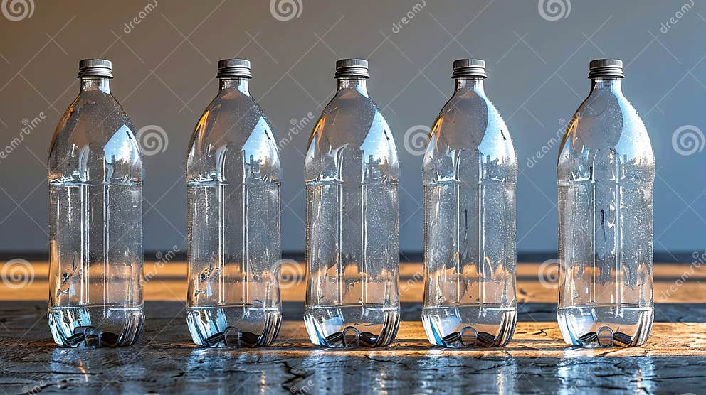 Five Empty Water Bottles Lined Up on a Concrete Surface Stock Image ...