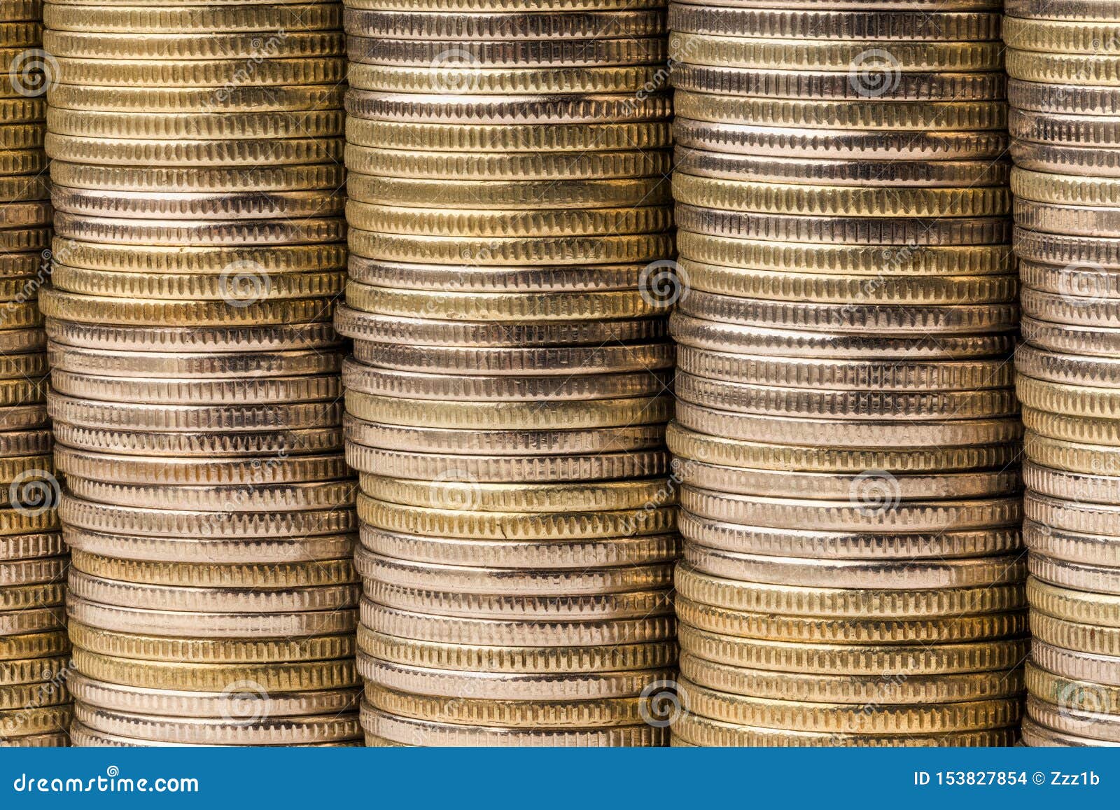 Five Equal Stacks Of Coins Merged In One Wall Isolated On White ...