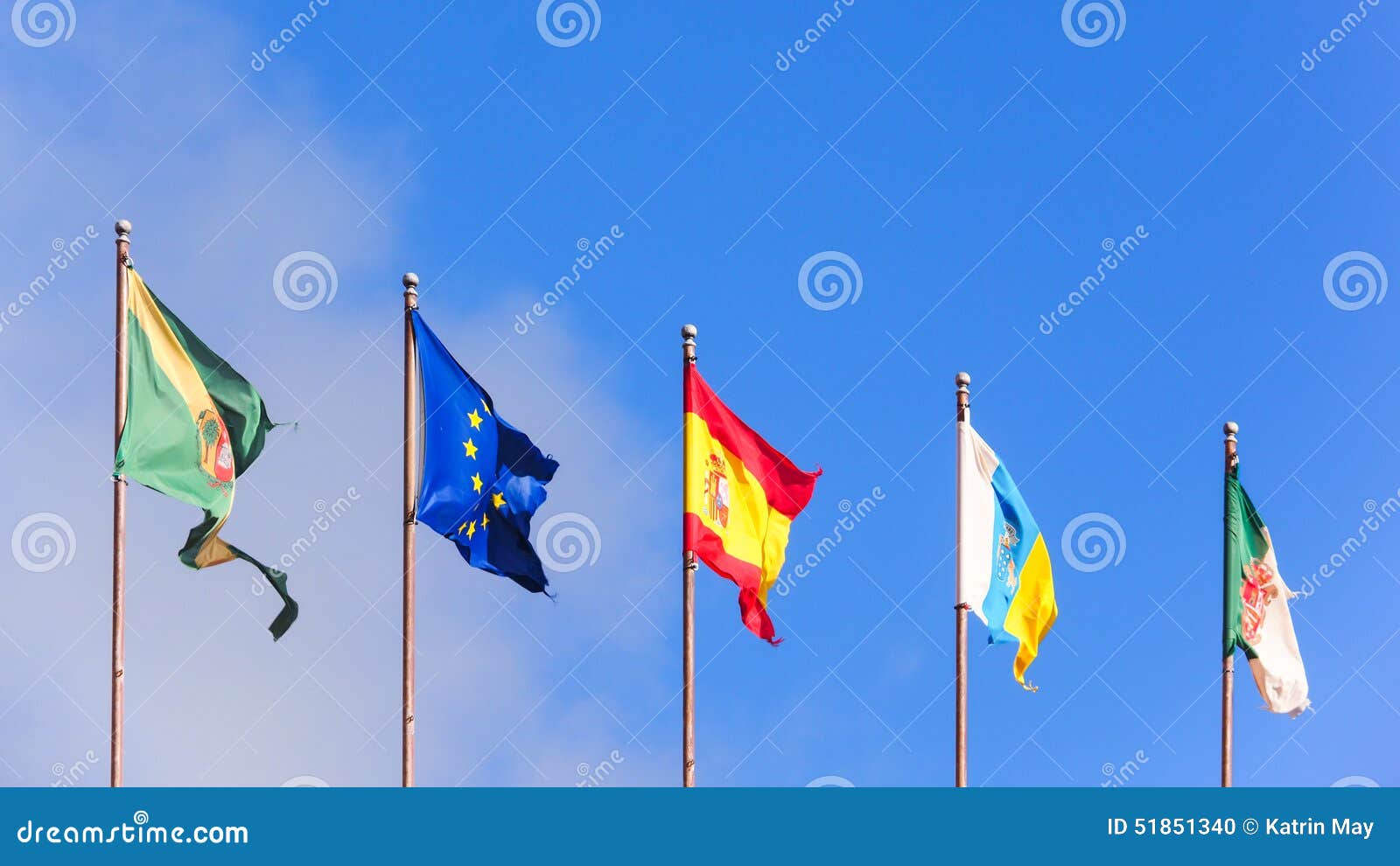 Five Flags Isolated on Blue Sky Stock Photo - Image of canaries, five ...