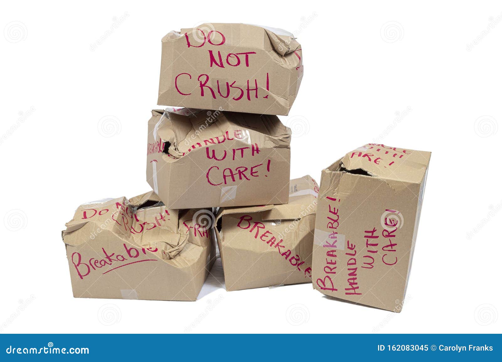 Five Fragile Boxes Crushed in Shipping Isolated on White Stock Image ...