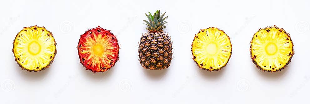 Five Fresh Pineapple Halves and Whole Pineapple on White Background ...