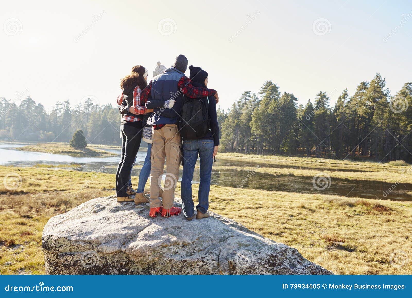 Five Friends Standing on a Rock in Countryside, Back View Stock Image ...